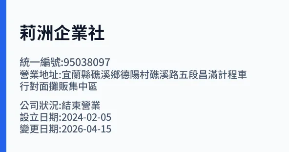 莉洲企業社的照片-統編 95038097(宜蘭縣) 公司登記資料與營業項目詳細圖表