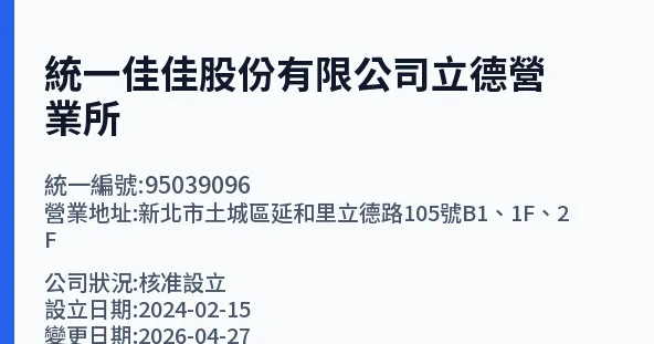 統一佳佳股份有限公司立德營業所的照片-統編 95039096(新北市) 公司登記資料與營業項目詳細圖表