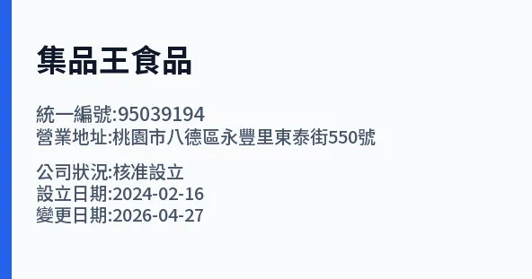 集品王食品的照片-統編 95039194(桃園市) 公司登記資料與營業項目詳細圖表