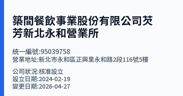 築間餐飲事業股份有限公司芡芳新北永和營業所的照片-統編 95039758(新北市) 公司登記資料與營業項目詳細圖表