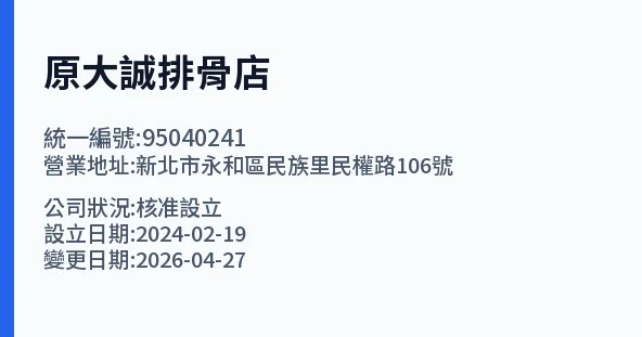 原大誠排骨店的照片-統編 95040241(新北市) 公司登記資料與營業項目詳細圖表