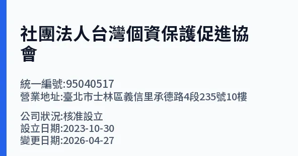 社團法人台灣個資保護促進協會的照片-統編 95040517(臺北市) 公司登記資料與營業項目詳細圖表