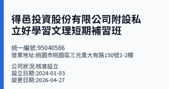 得邑投資股份有限公司附設私立好學習文理短期補習班的照片-統編 95040586(桃園市) 公司登記資料與營業項目詳細圖表