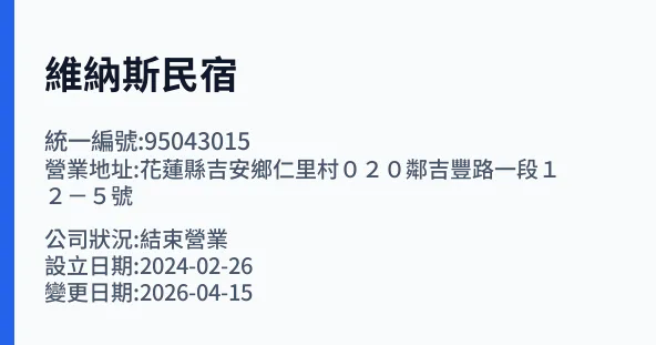 維納斯民宿的照片-統編 95043015(花蓮縣) 公司登記資料與營業項目詳細圖表