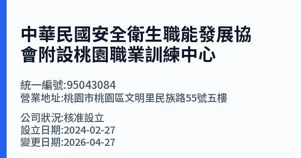 中華民國安全衛生職能發展協會附設桃園職業訓練中心的照片-統編 95043084(桃園市) 公司登記資料與營業項目詳細圖表