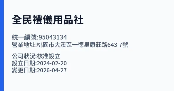 全民禮儀用品社的照片-統編 95043134(桃園市) 公司登記資料與營業項目詳細圖表