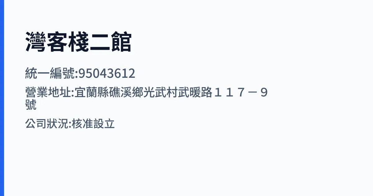 灣客棧二館 - 統編 95043612(宜蘭縣) 公司登記資料與營業項目詳細圖表