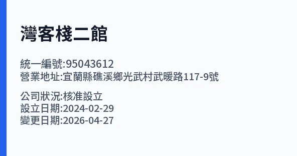 灣客棧二館的照片-統編 95043612(宜蘭縣) 公司登記資料與營業項目詳細圖表