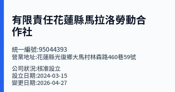 有限責任花蓮縣馬拉洛勞動合作社的照片-統編 95044393(花蓮縣) 公司登記資料與營業項目詳細圖表