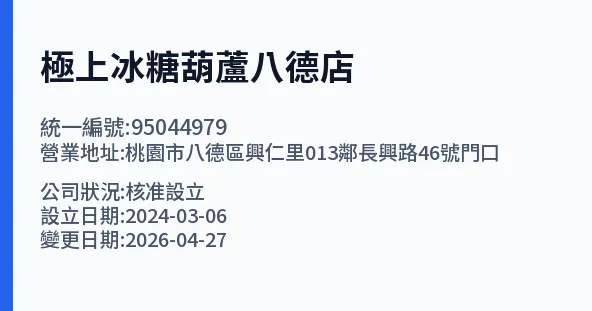 極上冰糖葫蘆八德店的照片-統編 95044979(桃園市) 公司登記資料與營業項目詳細圖表
