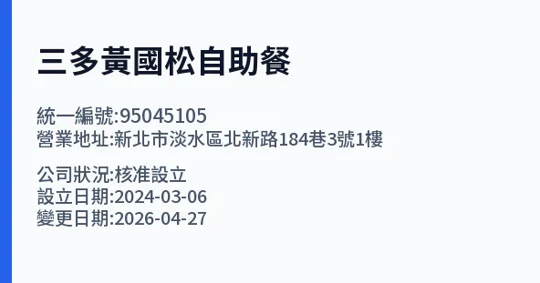 三多黃國松自助餐的照片-統編 95045105(新北市) 公司登記資料與營業項目詳細圖表