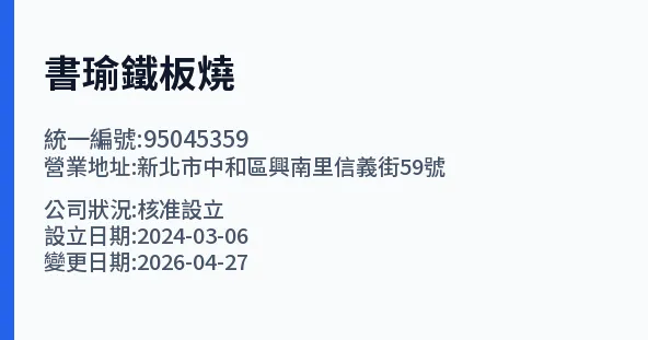 書瑜鐵板燒的照片-統編 95045359(新北市) 公司登記資料與營業項目詳細圖表