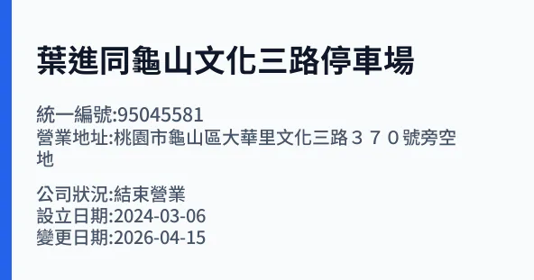 葉進同龜山文化三路停車場的照片-統編 95045581(桃園市) 公司登記資料與營業項目詳細圖表