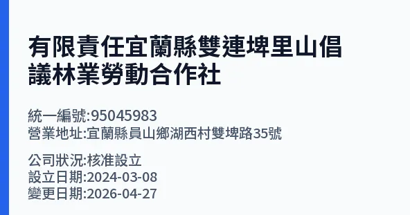 有限責任宜蘭縣雙連埤里山倡議林業勞動合作社的照片-統編 95045983(宜蘭縣) 公司登記資料與營業項目詳細圖表