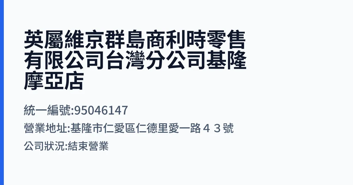 英屬維京群島商利時零售有限公司台灣分公司基隆摩亞店 - 統編 95046147(基隆市) 公司登記資料與營業項目詳細圖表
