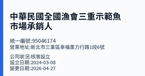 中華民國全國漁會三重示範魚市場承銷人的照片-統編 95046174(新北市) 公司登記資料與營業項目詳細圖表