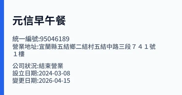 元信早午餐的照片-統編 95046189(宜蘭縣) 公司登記資料與營業項目詳細圖表