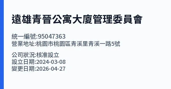 遠雄青晉公寓大廈管理委員會的照片-統編 95047363(桃園市) 公司登記資料與營業項目詳細圖表