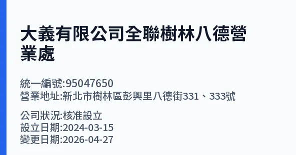 大義有限公司全聯樹林八德營業處的照片-統編 95047650(新北市) 公司登記資料與營業項目詳細圖表