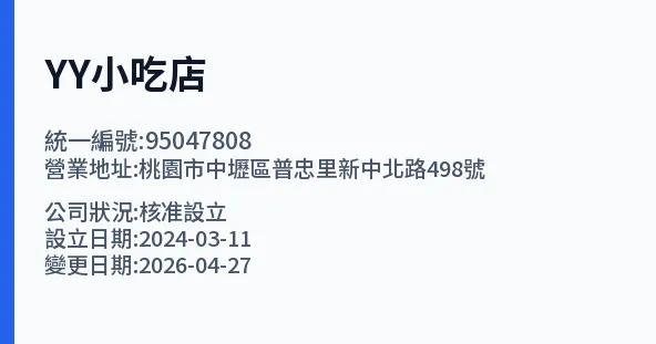 YY小吃店的照片-統編 95047808(桃園市) 公司登記資料與營業項目詳細圖表