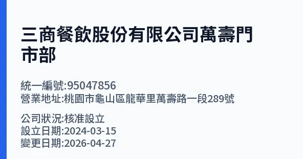 三商餐飲股份有限公司萬壽門市部的照片-統編 95047856(桃園市) 公司登記資料與營業項目詳細圖表