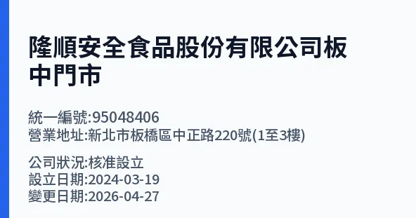 隆順安全食品股份有限公司板中門市的照片-統編 95048406(新北市) 公司登記資料與營業項目詳細圖表