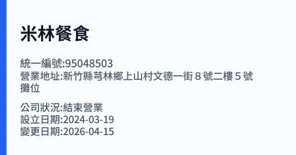 米林餐食的照片-統編 95048503(新竹縣) 公司登記資料與營業項目詳細圖表