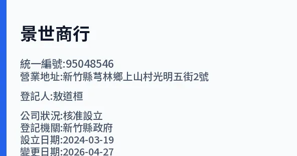 景世商行的照片-統編 95048546(新竹縣) 公司登記資料與營業項目詳細圖表