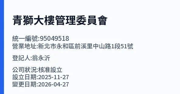 青獅大樓管理委員會的照片-統編 95049518(新北市) 公司登記資料與營業項目詳細圖表
