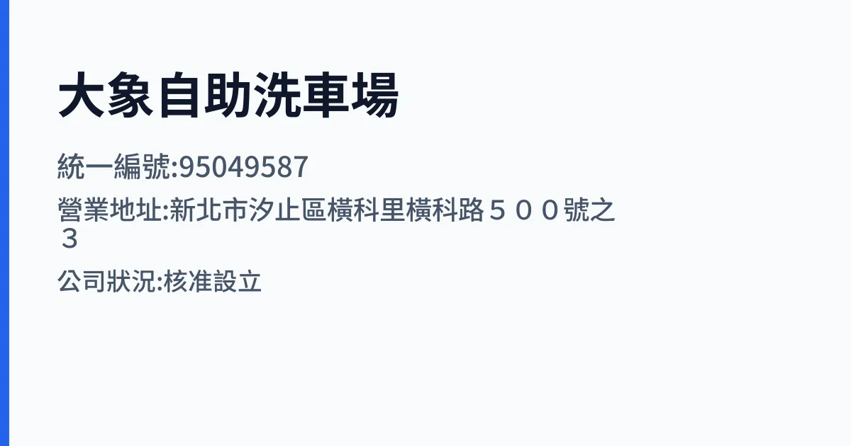 大象自助洗車場 - 統編 95049587(新北市) 公司登記資料與營業項目詳細圖表