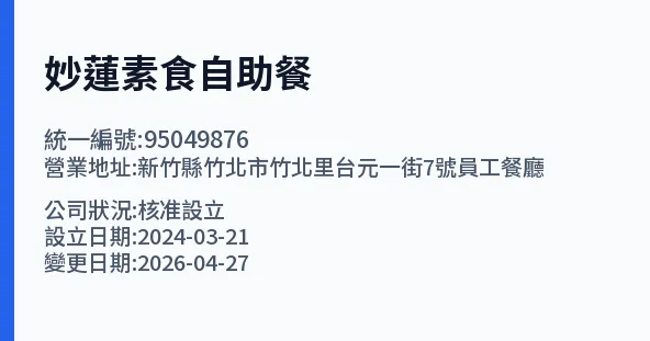 妙蓮素食自助餐的照片-統編 95049876(新竹縣) 公司登記資料與營業項目詳細圖表