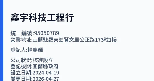 鑫宇科技工程行的照片-統編 95050789(宜蘭縣) 公司登記資料與營業項目詳細圖表