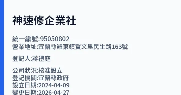 神速修企業社的照片-統編 95050802(宜蘭縣) 公司登記資料與營業項目詳細圖表