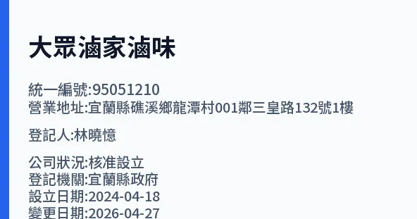 大眾滷家滷味的照片-統編 95051210(宜蘭縣) 公司登記資料與營業項目詳細圖表