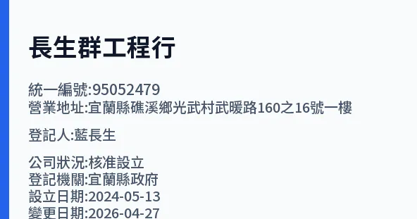 長生群工程行的照片-統編 95052479(宜蘭縣) 公司登記資料與營業項目詳細圖表