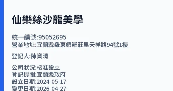 仙樂絲沙龍美學的照片-統編 95052695(宜蘭縣) 公司登記資料與營業項目詳細圖表