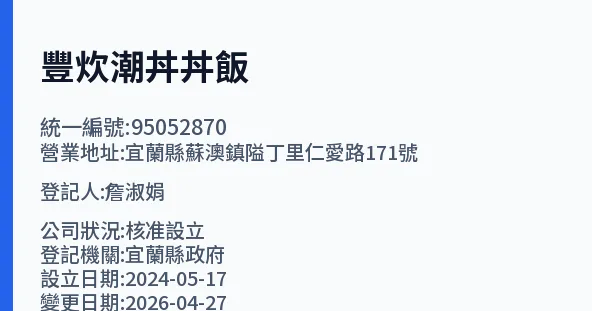 豐炊潮丼丼飯的照片-統編 95052870(宜蘭縣) 公司登記資料與營業項目詳細圖表