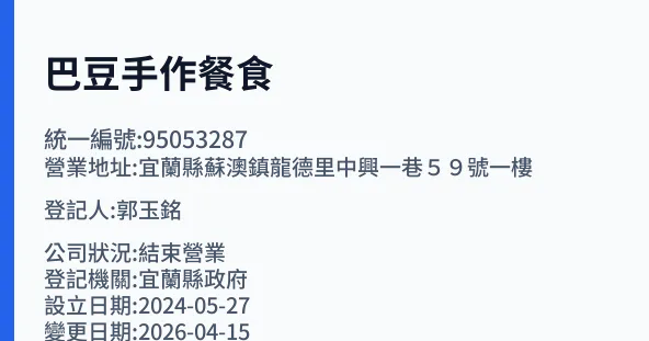 巴豆手作餐食的照片-統編 95053287(宜蘭縣) 公司登記資料與營業項目詳細圖表