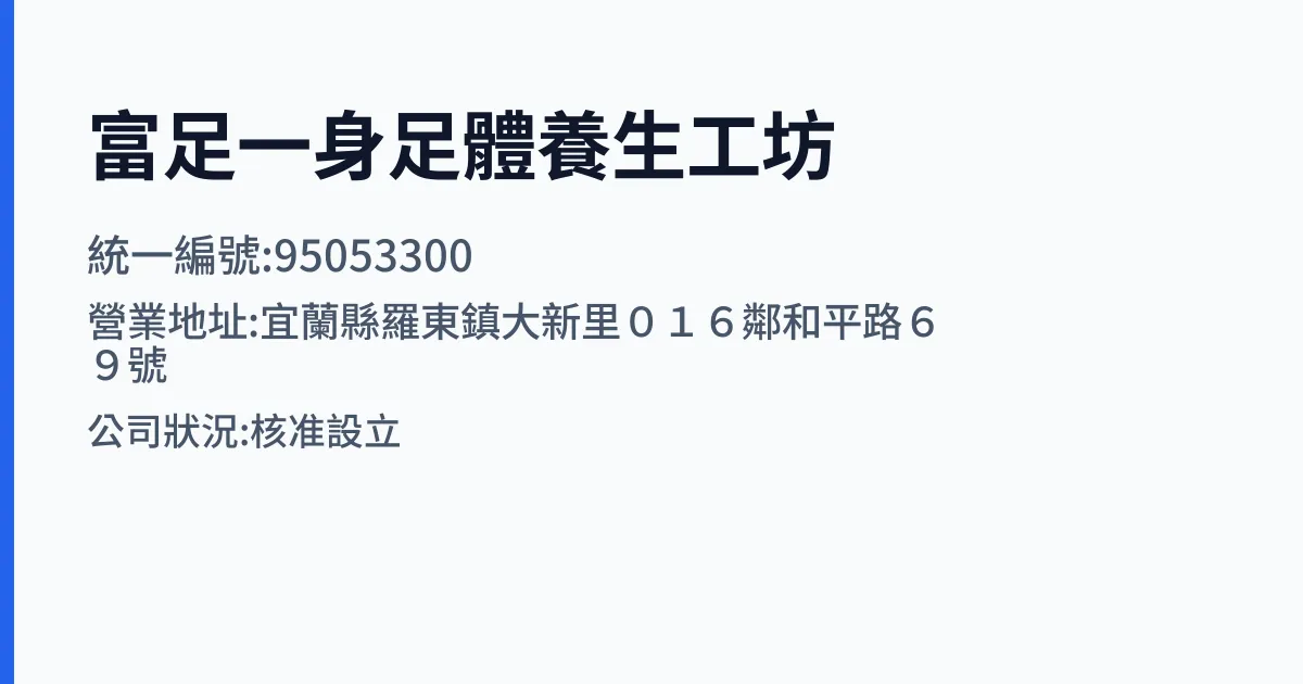 富足一身足體養生工坊 - 統編 95053300(宜蘭縣) 公司登記資料與營業項目詳細圖表