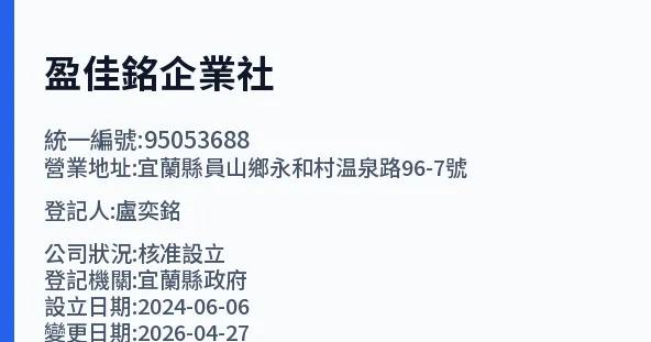 盈佳銘企業社的照片-統編 95053688(宜蘭縣) 公司登記資料與營業項目詳細圖表