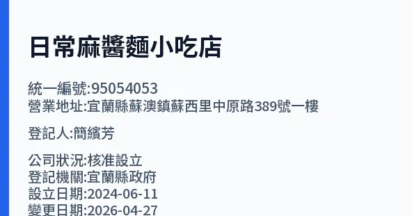 日常麻醬麵小吃店的照片-統編 95054053(宜蘭縣) 公司登記資料與營業項目詳細圖表