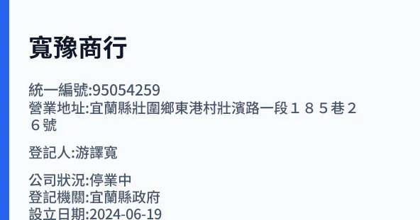 寬豫商行的照片-統編 95054259(宜蘭縣) 公司登記資料與營業項目詳細圖表