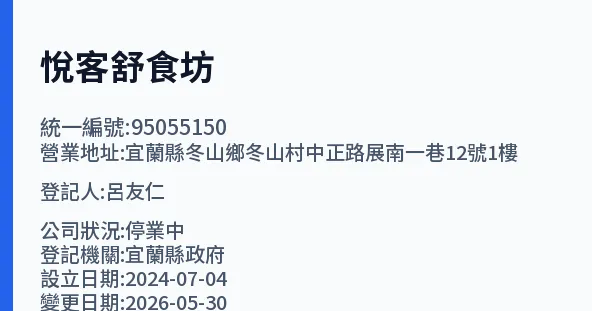 悅客舒食坊的照片-統編 95055150(宜蘭縣) 公司登記資料與營業項目詳細圖表