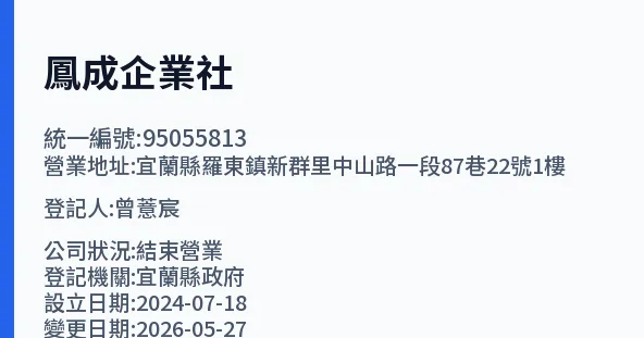 鳳成企業社的照片-統編 95055813(宜蘭縣) 公司登記資料與營業項目詳細圖表