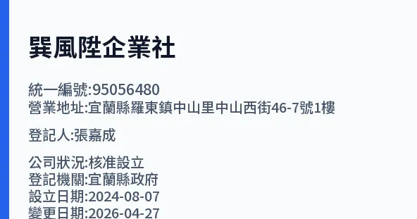 巽風陞企業社的照片-統編 95056480(宜蘭縣) 公司登記資料與營業項目詳細圖表