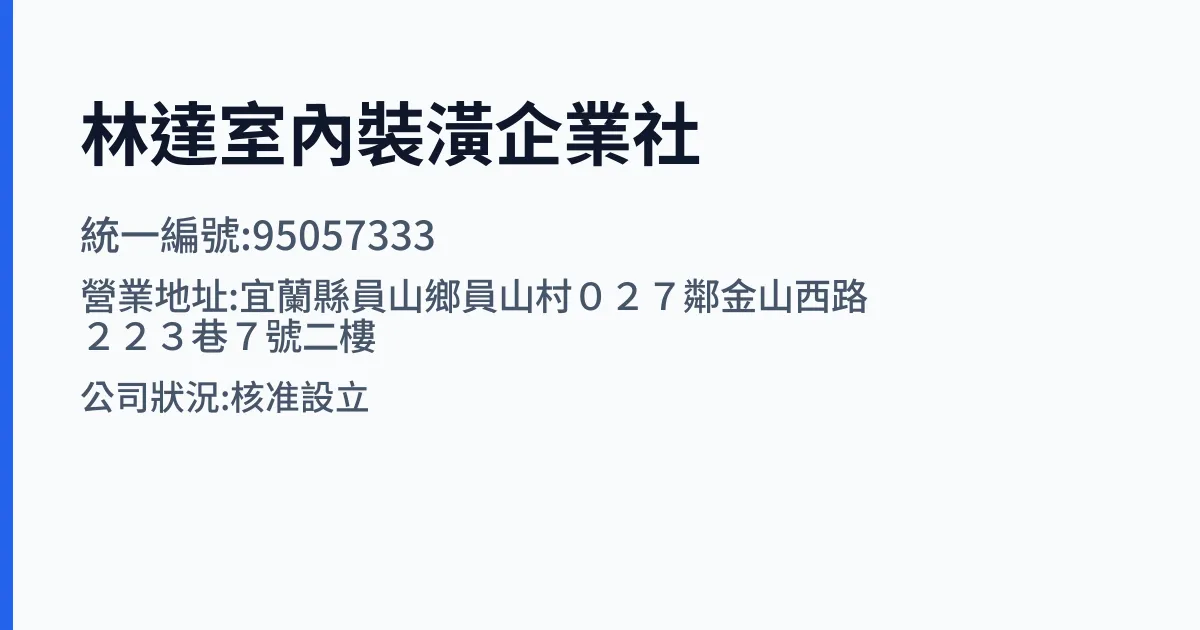 林達室內裝潢企業社 - 統編 95057333(宜蘭縣) 公司登記資料與營業項目詳細圖表