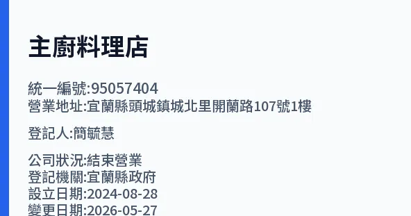 主廚料理店的照片-統編 95057404(宜蘭縣) 公司登記資料與營業項目詳細圖表