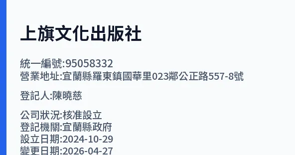 上旗文化出版社的照片-統編 95058332(宜蘭縣) 公司登記資料與營業項目詳細圖表