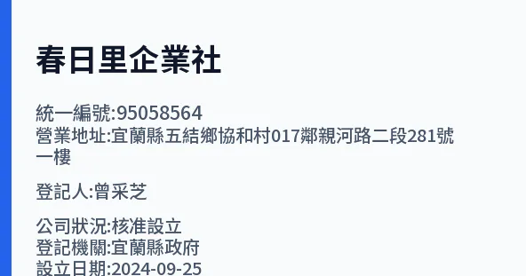 春日里企業社的照片-統編 95058564(宜蘭縣) 公司登記資料與營業項目詳細圖表