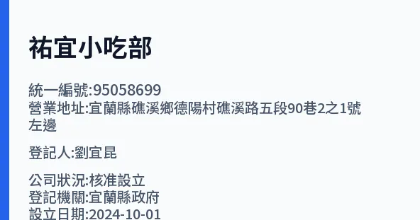 祐宜小吃部的照片-統編 95058699(宜蘭縣) 公司登記資料與營業項目詳細圖表